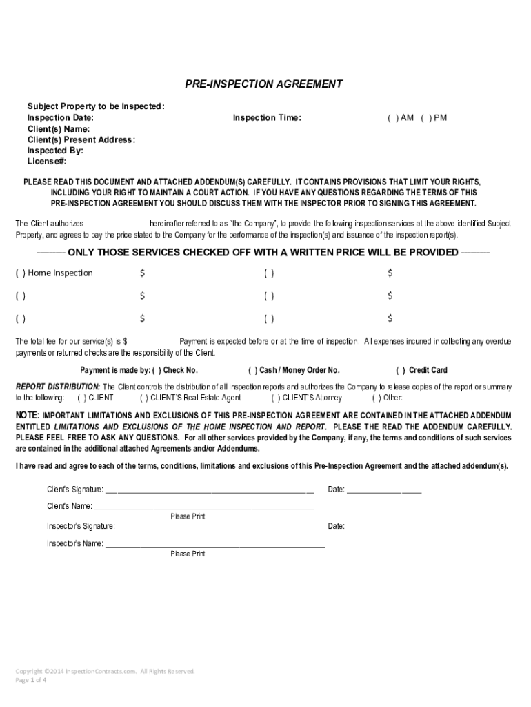Fillable Online Pre-Inspection Agreement Sample by Gate City Home ...