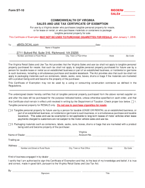 Fillable Online ST-10 - Virginia Sales and Use Tax Certificate of ...
