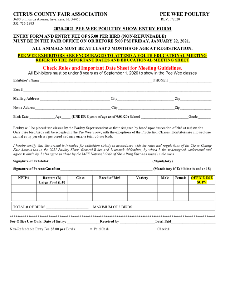 Fillable Online Pee Wee Poultry Entry Form - 2020-2021 Fax Email Print ...