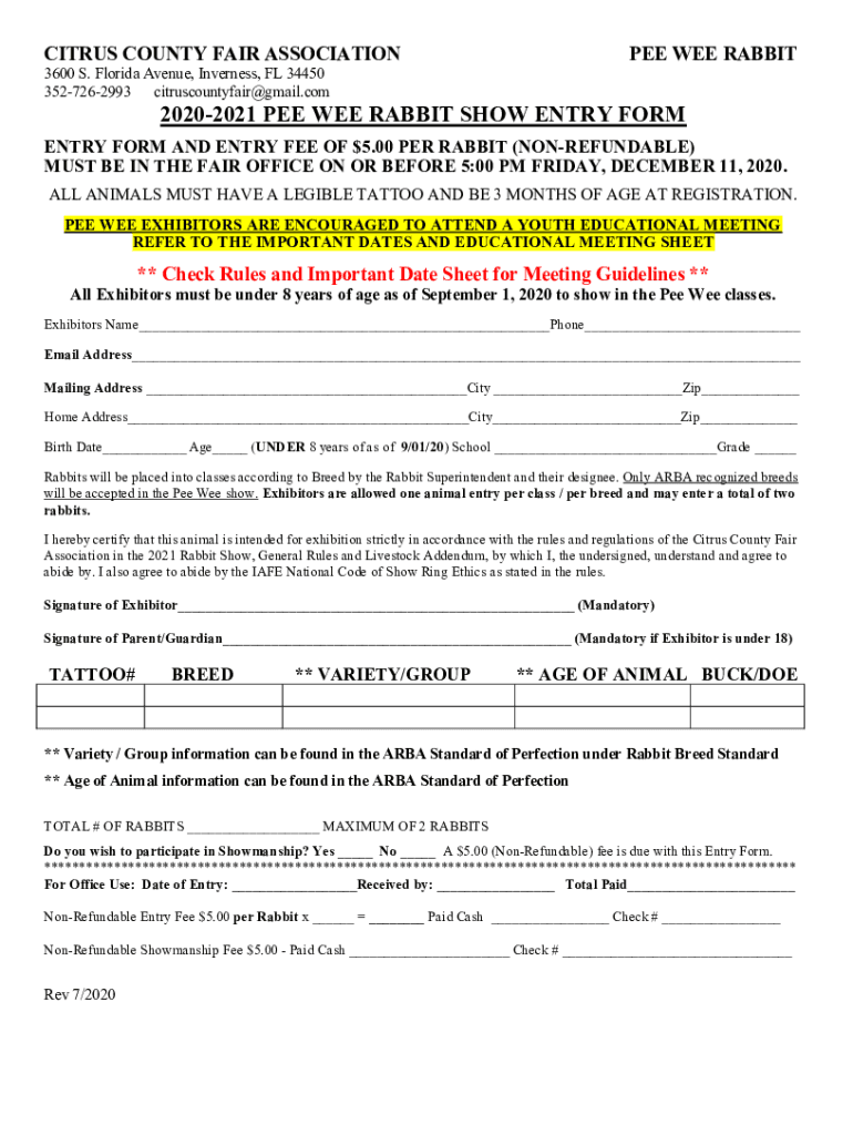 Fillable Online Pee Wee Rabbit Entry Form - 2020-2021 Fax Email Print ...