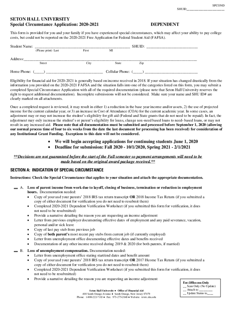 Fillable Online SETON HALL UNIVERSITY Special Circumstance Application ...