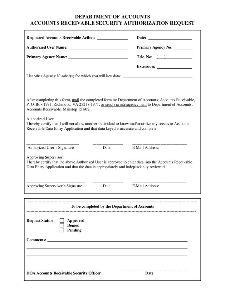 Fillable Online ACCOUNTS RECEIVABLE SECURITY AUTHORIZATION REQUEST Fax ...