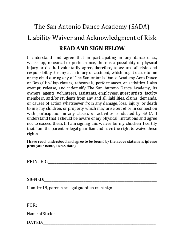 Fillable Online The San Antonio Dance Academy (SADA) Liability Waiver ...