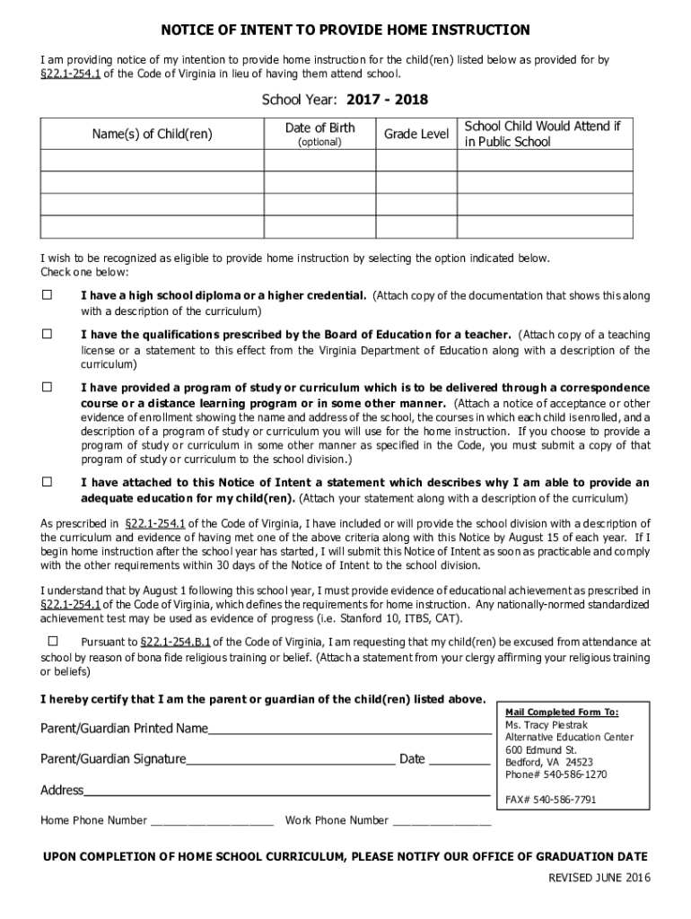 Fillable Online INTENT TO PROVIDE HOME INSTRUCTION Fax Email Print ...