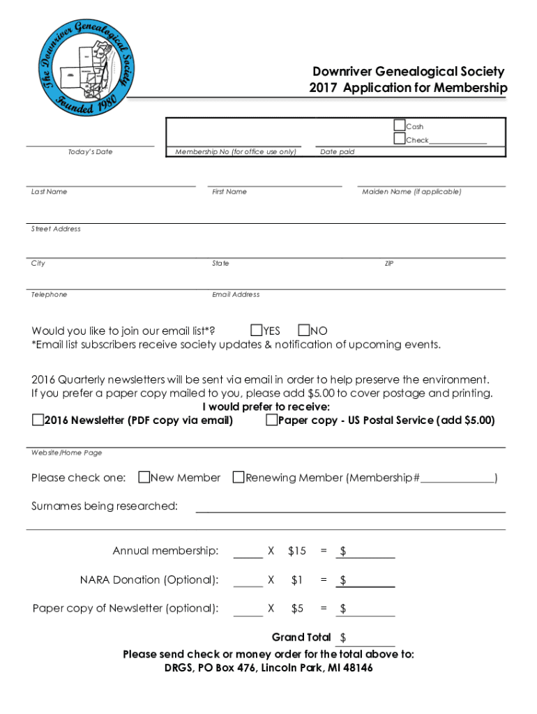 Fillable Online Downriver Genealogical SocietyPO Box 476, Lincoln Park ... Fax Email Print ...