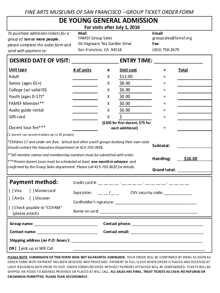 Fillable Online FINE ARTS MUSEUMS OF SAN FRANCISCO --GROUP TICKET ORDER ...