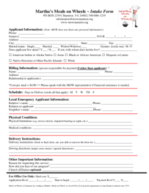 Fillable Online Meals On Wheels Intake Form Fax Email Print - pdfFiller