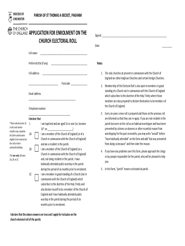 Fillable Online Application for enrolment on the Church electoral roll ...