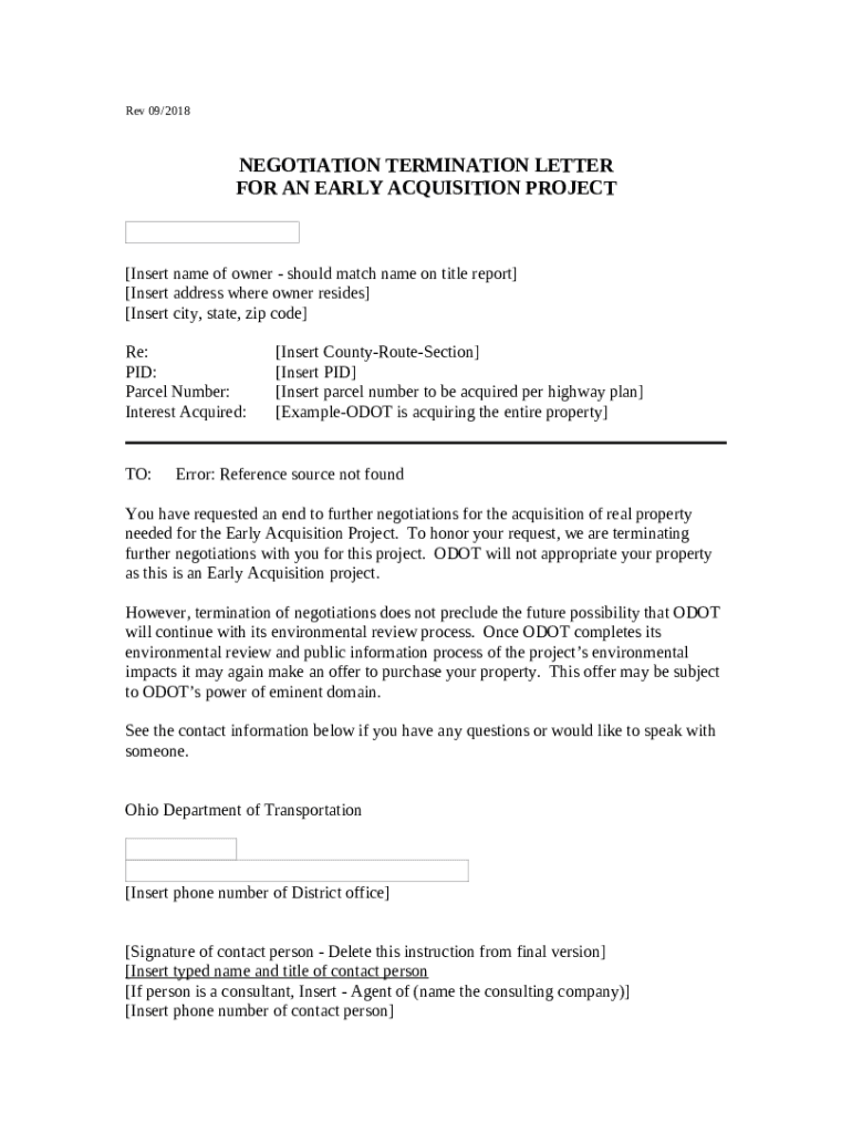 Negotiation Termination Letter for Early Acquisition Project Doc ...