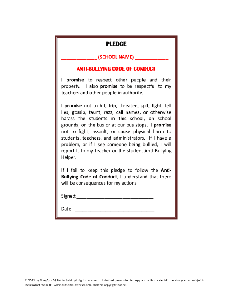Fillable Online Students take anti-bullying pledge to promote kindness ...