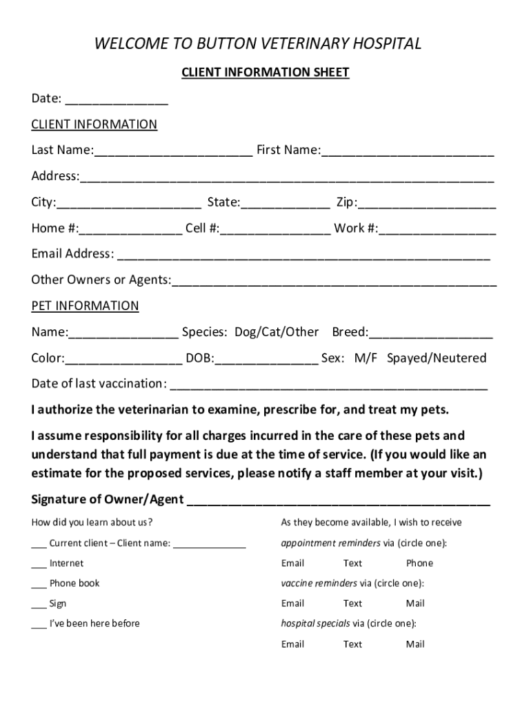 Fillable Online Client Information Sheet - Integrative Veterinary ...