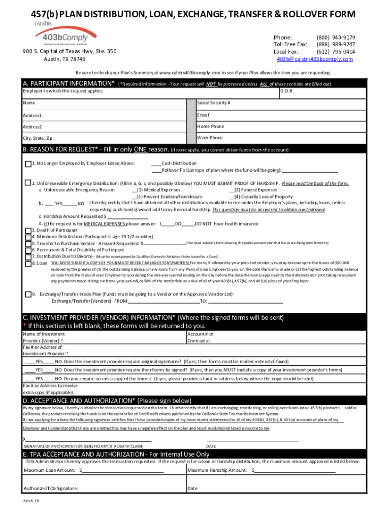 Fillable Online 457(b) PLAN DISTRIBUTION, LOAN, EXCHANGE, TRANSFER ...