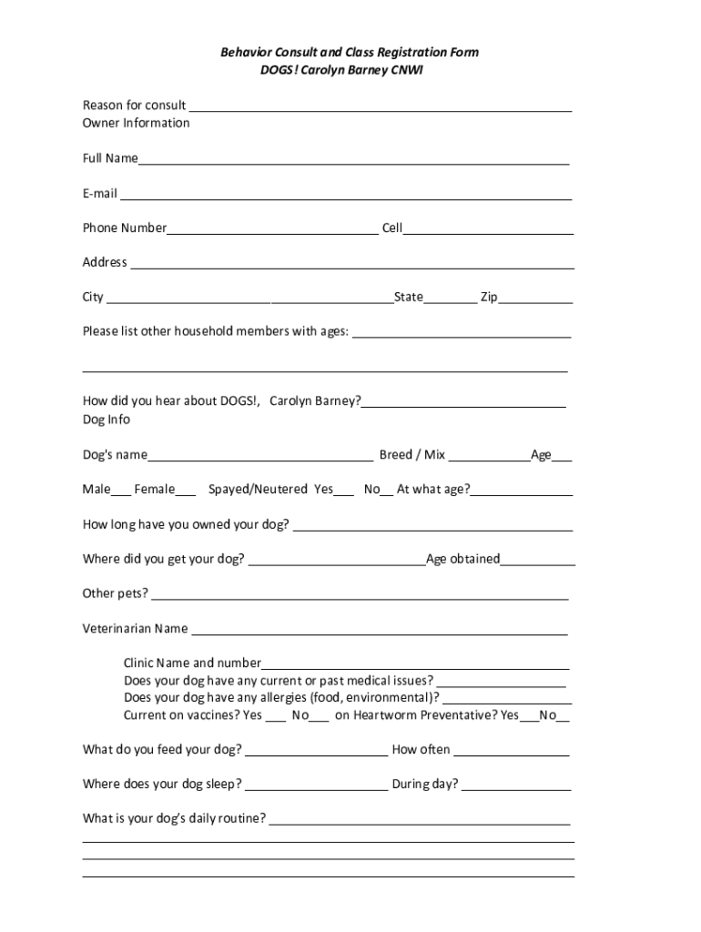 Fillable Online Behavior Consult and Class Registration Form Fax Email ...