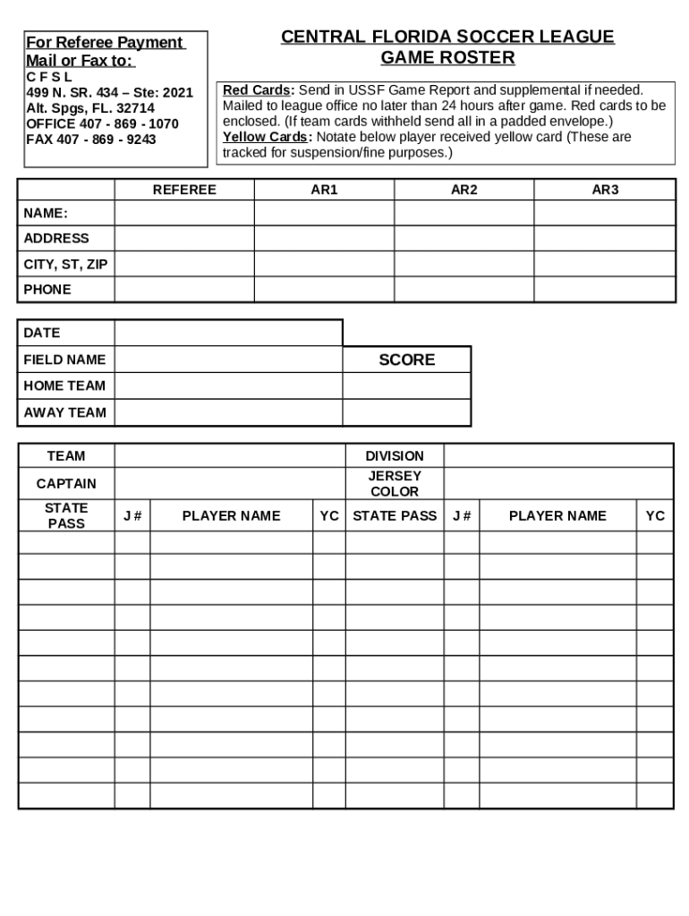 For Referee Payment CENTRAL FLORIDA SOCCER LEAGUE GAME ROSTER Doc ...