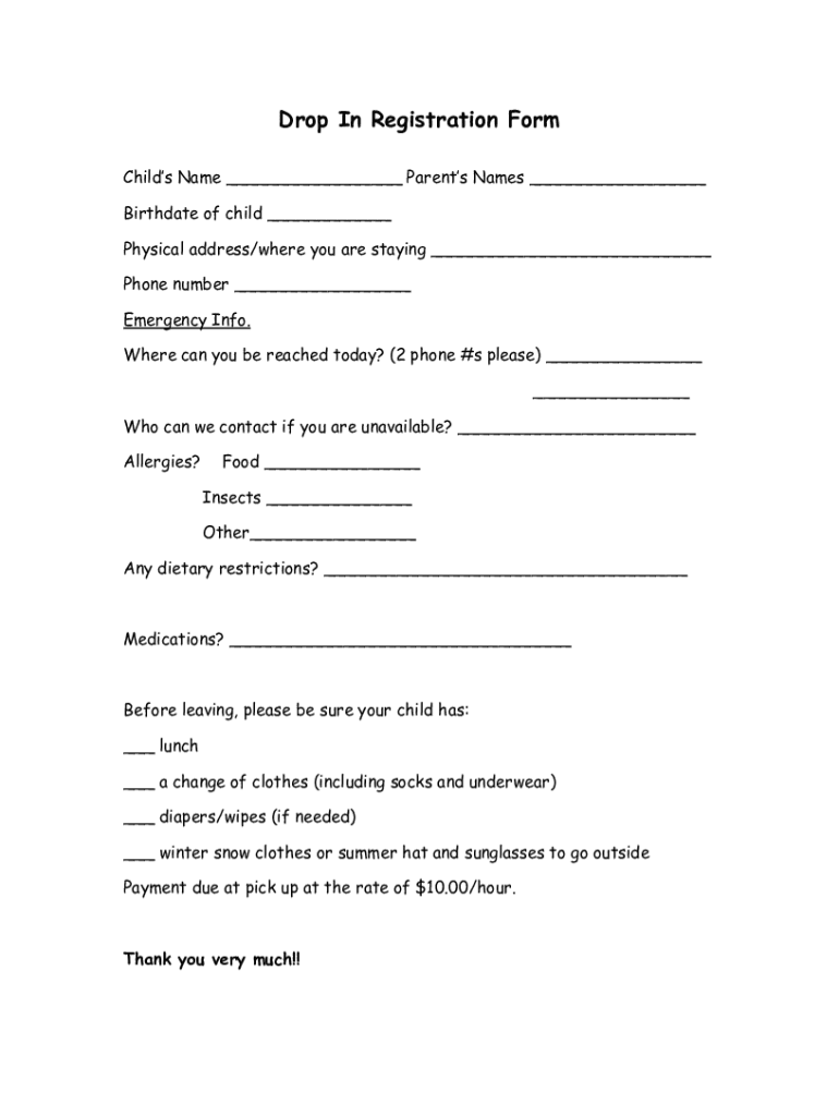Fillable Online Drop In Registration Form Fax Email Print - pdfFiller