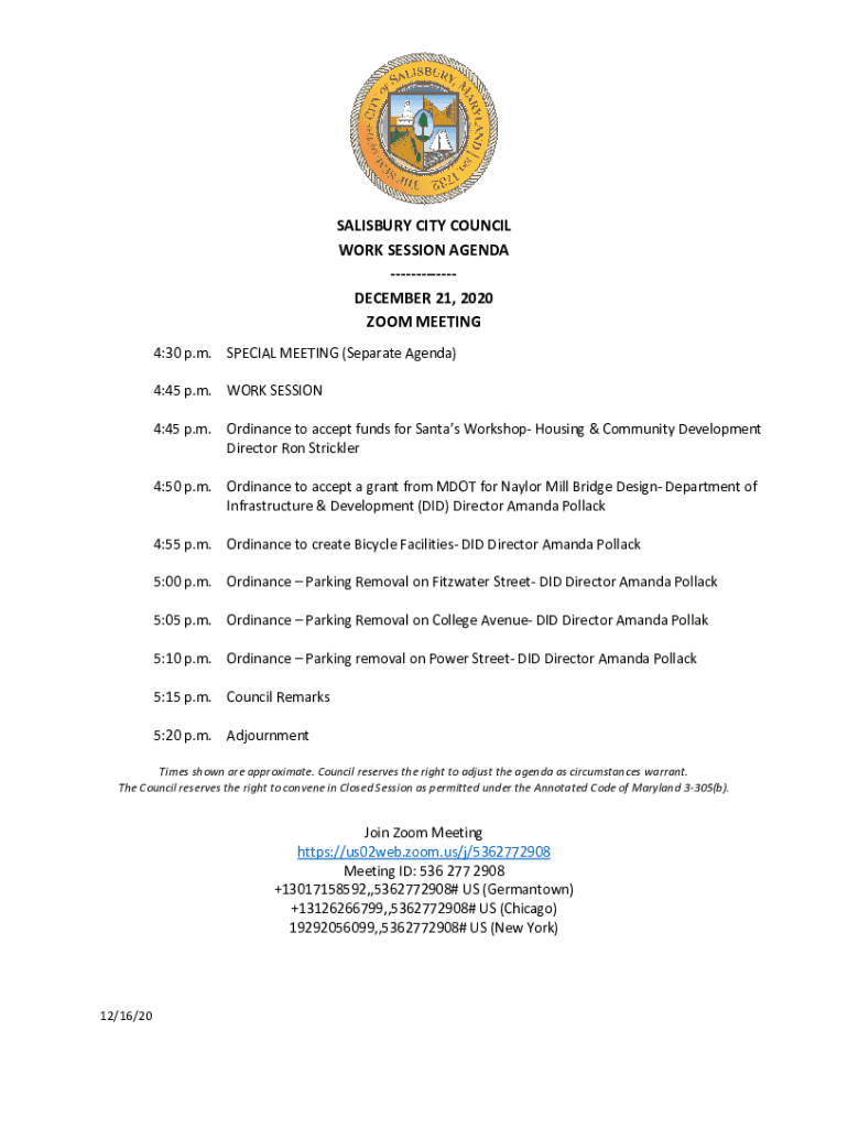 Fillable Online PDF SALISBURY CITY COUNCIL WORK SESSION AGENDA - City ...