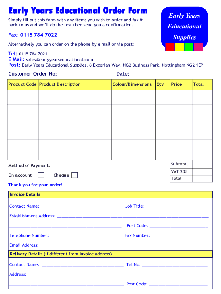 Fillable Online Early Years Educational Order Form Fax Email Print ...