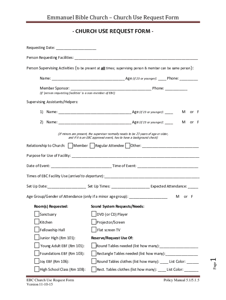 Fillable Online Church Use Guidelines and Policies For Emmanuel Bible ...