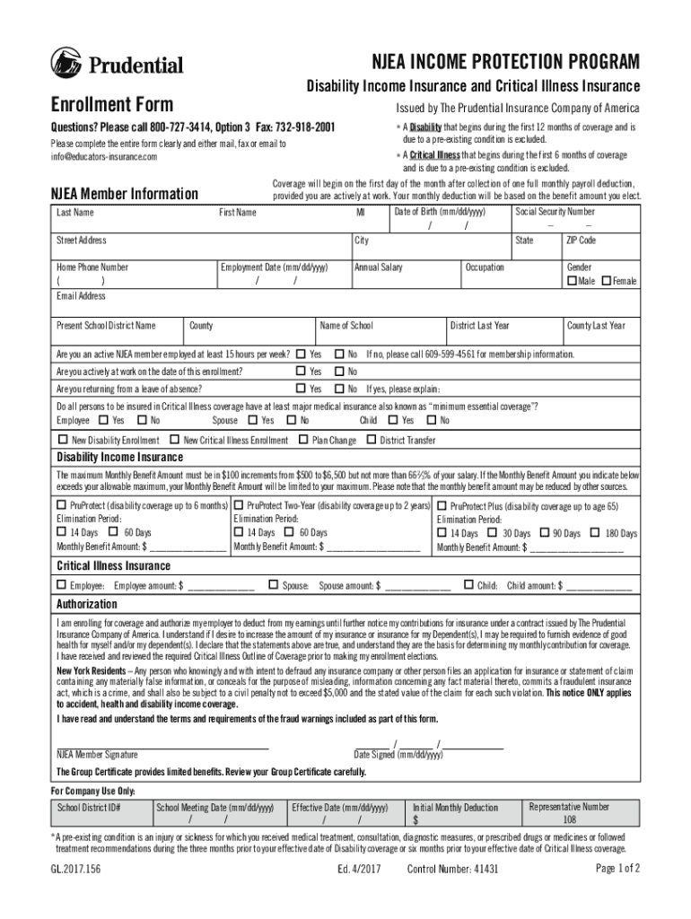 Fillable Online NJEA Endorsed Disability Insurance Program Enrollment ...
