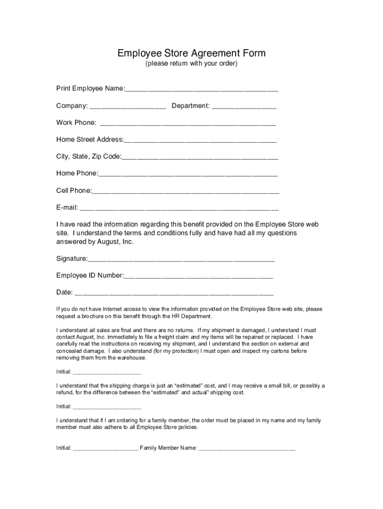 Fillable Online Employee Store Agreement Form Fax Email Print - pdfFiller
