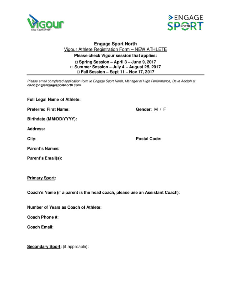 Fillable Online Vigour Athlete Registration Form NEW ATHLETE Fax Email ...