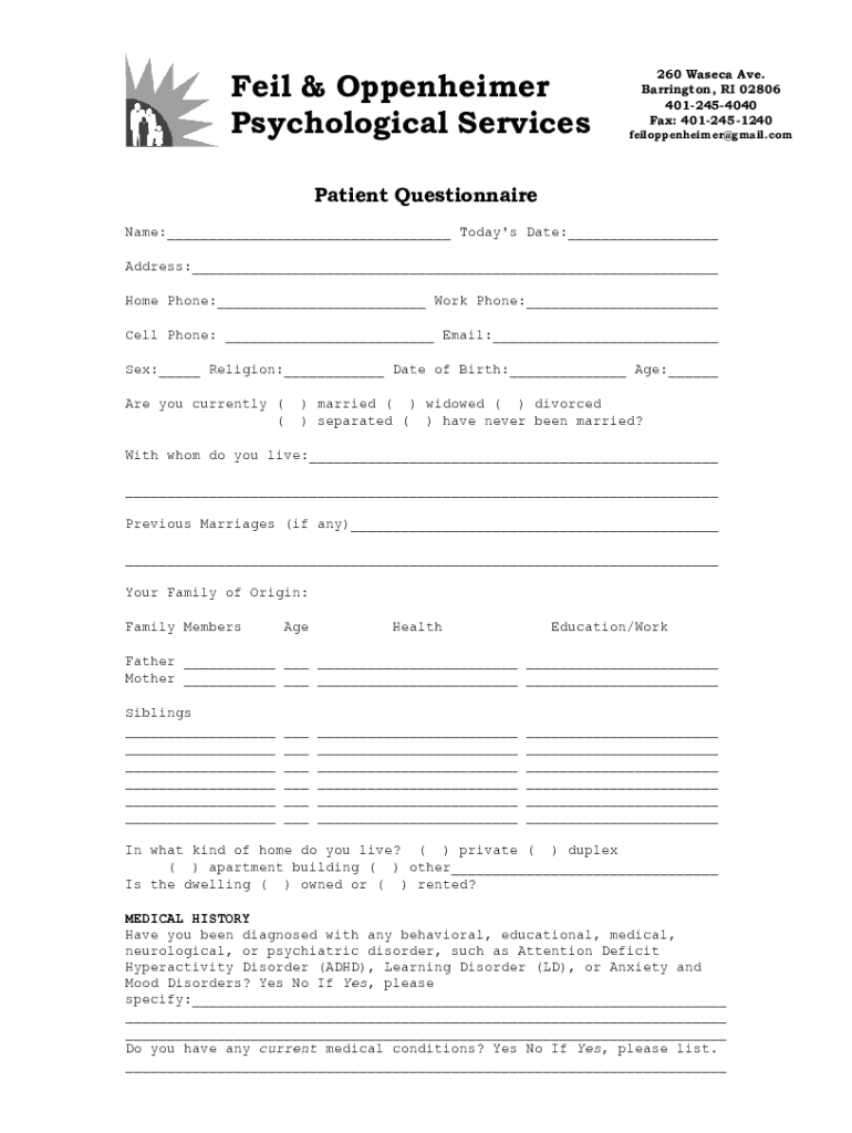 Fillable Online Patient Questionnaire - Forms, Templates, Charts Free ...