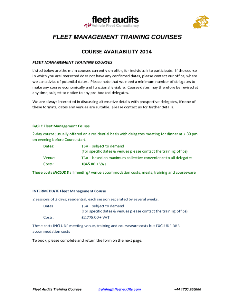 Fillable Online FLEET MANAGEMENT TRAINING COURSES Fax Email Print - pdfFiller