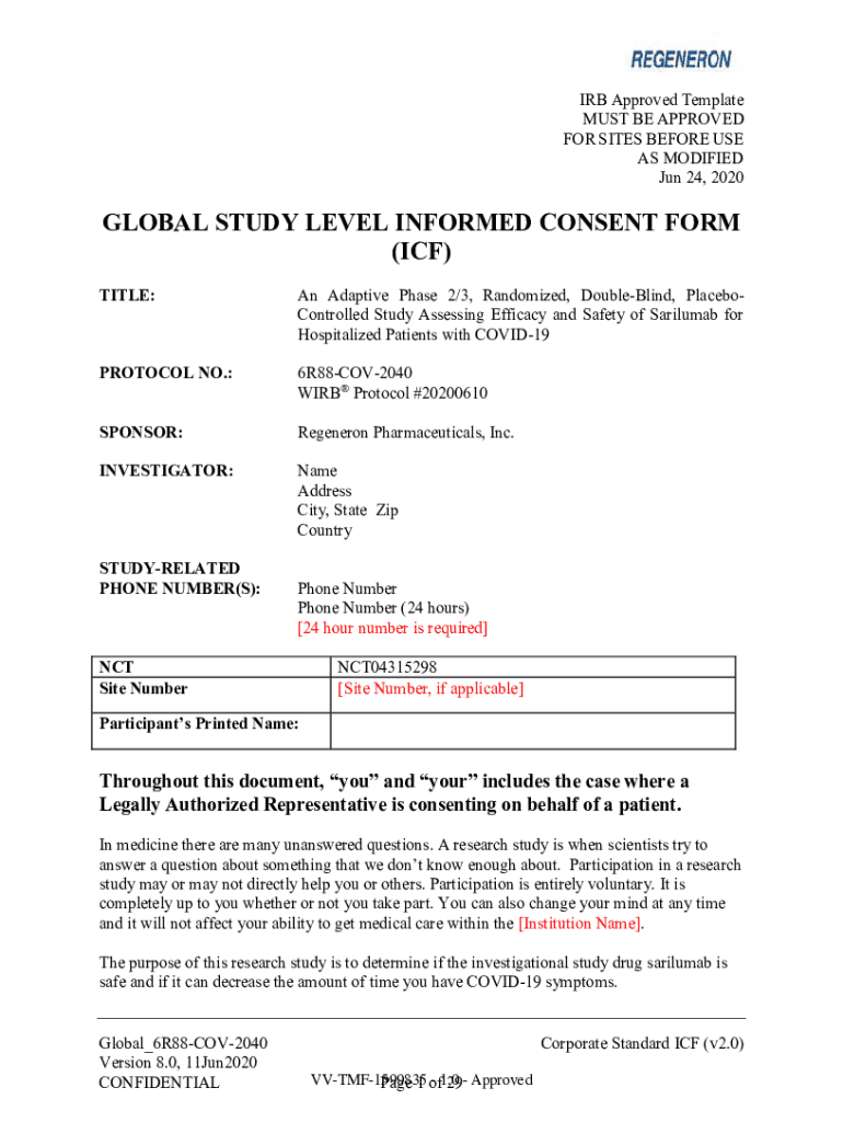 Fillable Online GLOBAL STUDY LEVEL INFORMED CONSENT FORM (ICF) Fax ...