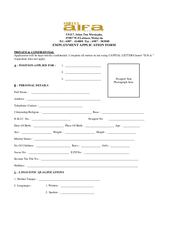 Fillable Online EMPLOYMENT APPLICATION FORM - Hotel Aifa Fax Email ...
