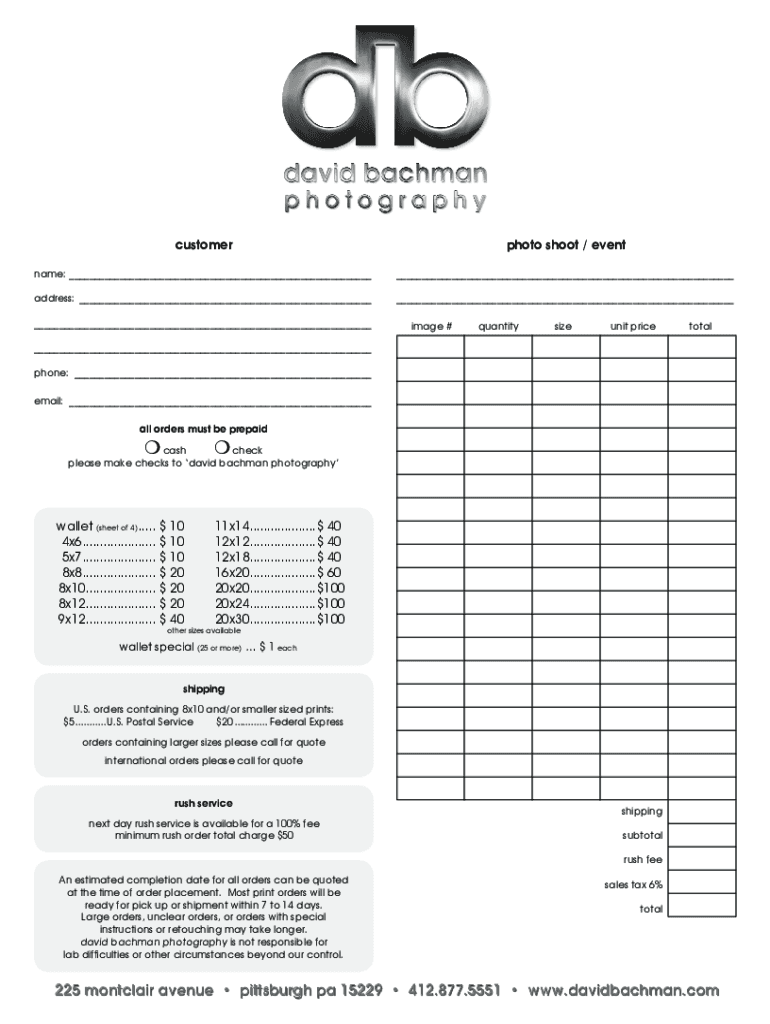 Fillable Online FREE 9+ Photography Order Forms in PDF MS word Fax ...