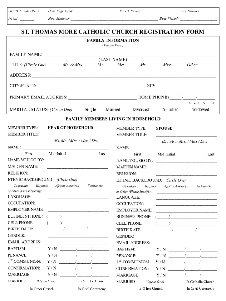 Fillable Online ST. THOMAS MORE CATHOLIC CHURCH REGISTRATION FORM Fax ...