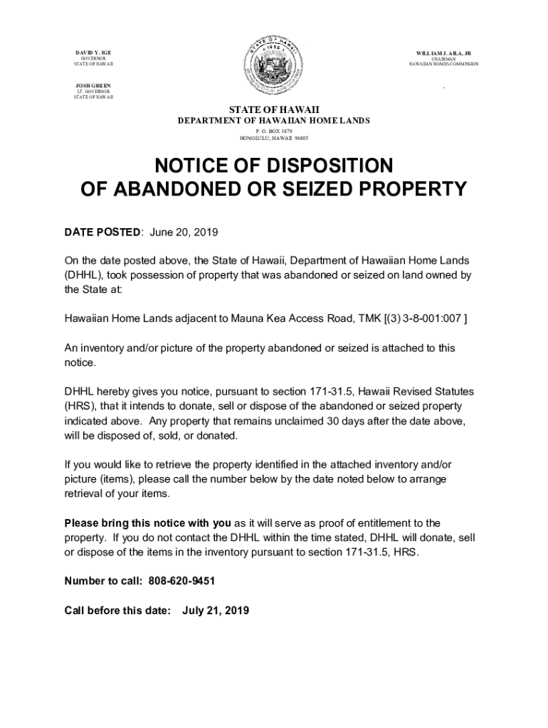 Fillable Online NOTICE OF DISPOSITION OF ABANDONED OR SEIZED PROPERTY ...