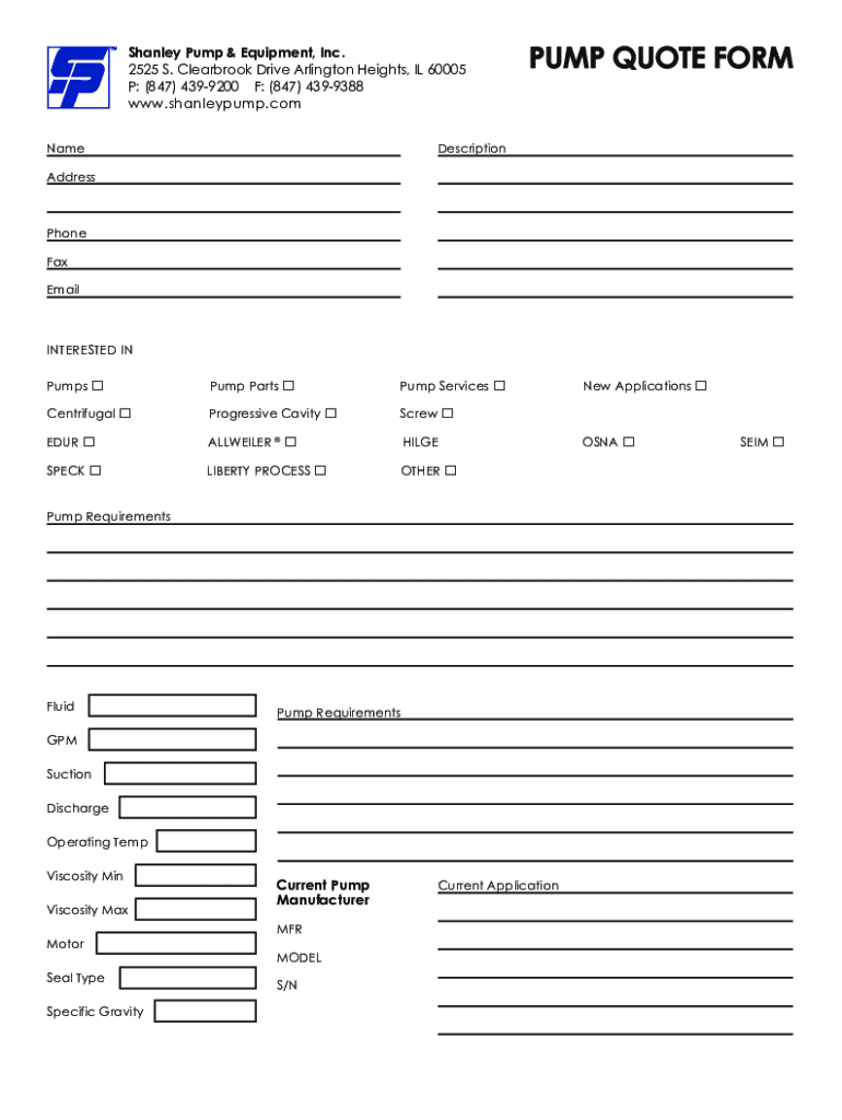 Fillable Online pump-quote-form. Shanley Pump and Equipment Pump ...