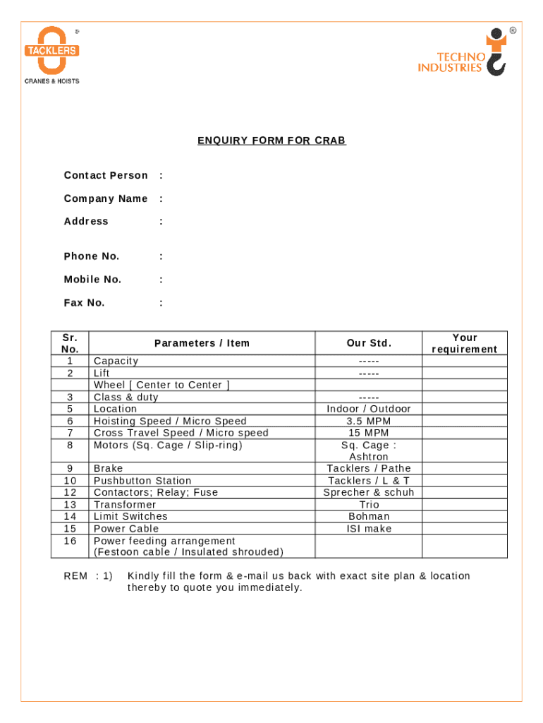 ENQUIRY FOR EOT CRANE CRAB. Overhead EOT Crane Crab Doc Template ...