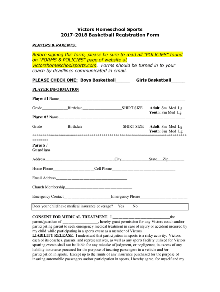 Fillable Online 2017-2018 Basketball Registration Form Fax Email Print ...