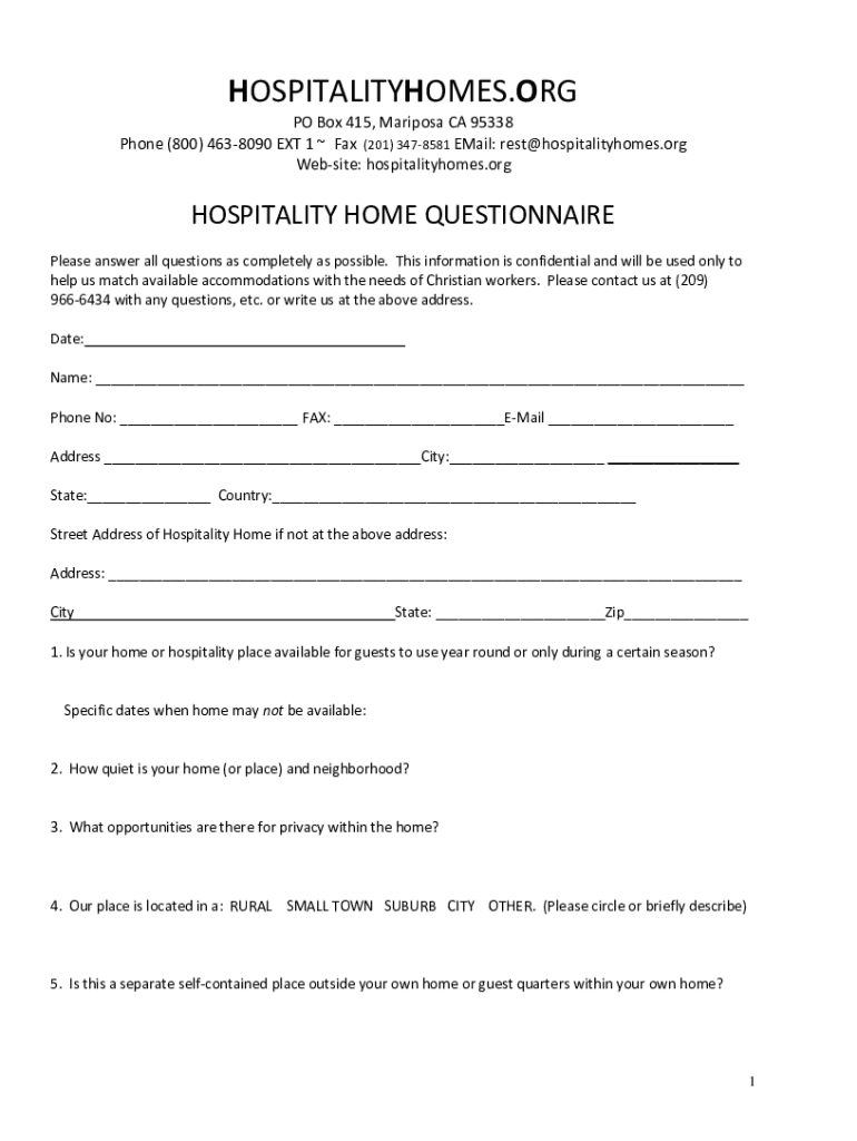 Fillable Online HOSPITALITY HOME QUESTIONNAIRE Fax Email Print - pdfFiller