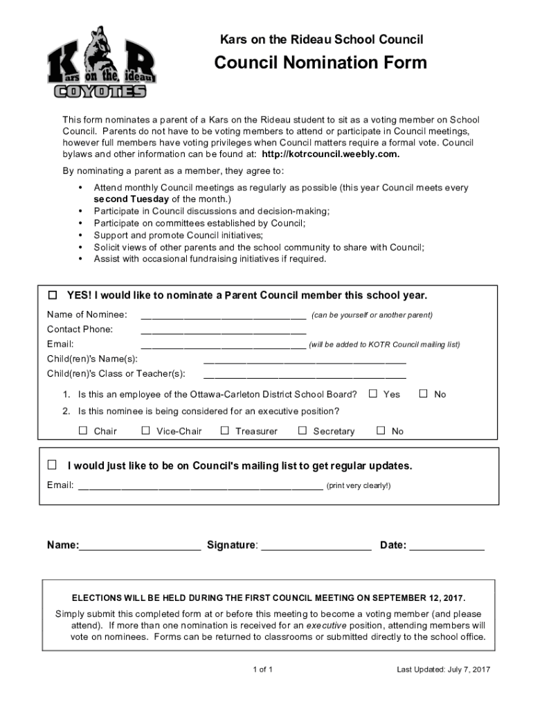 Fillable Online Kars on the Rideau School Council Council Nomination ...