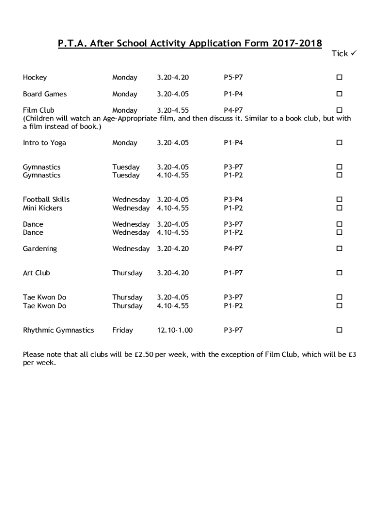 Fillable Online 2017-After School Activity Application Form Fax Email ...