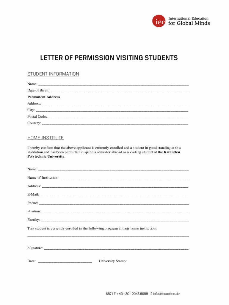 Fillable Online LETTER OF PERMISSION VISITING STUDENTS Fax Email Print ...