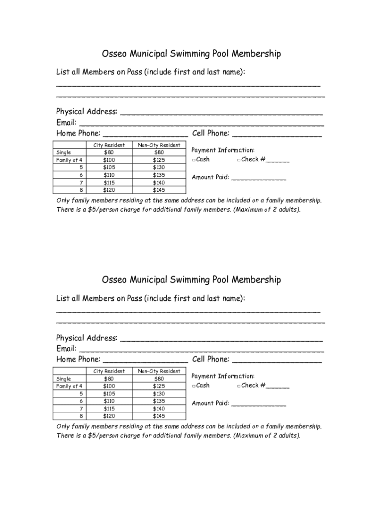 Fillable Online Osseo Swimming Pool Membership Form Fax Email Print ...