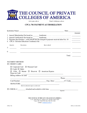 Fillable Online CPCA 701 PAYMENT AUTHORIZATION - cpca-edu.us Fax Email ...