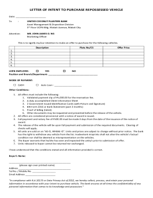 Fillable Online LETTER OF INTENT TO PURCHASE REPOSSESSED VEHICLE Fax ...