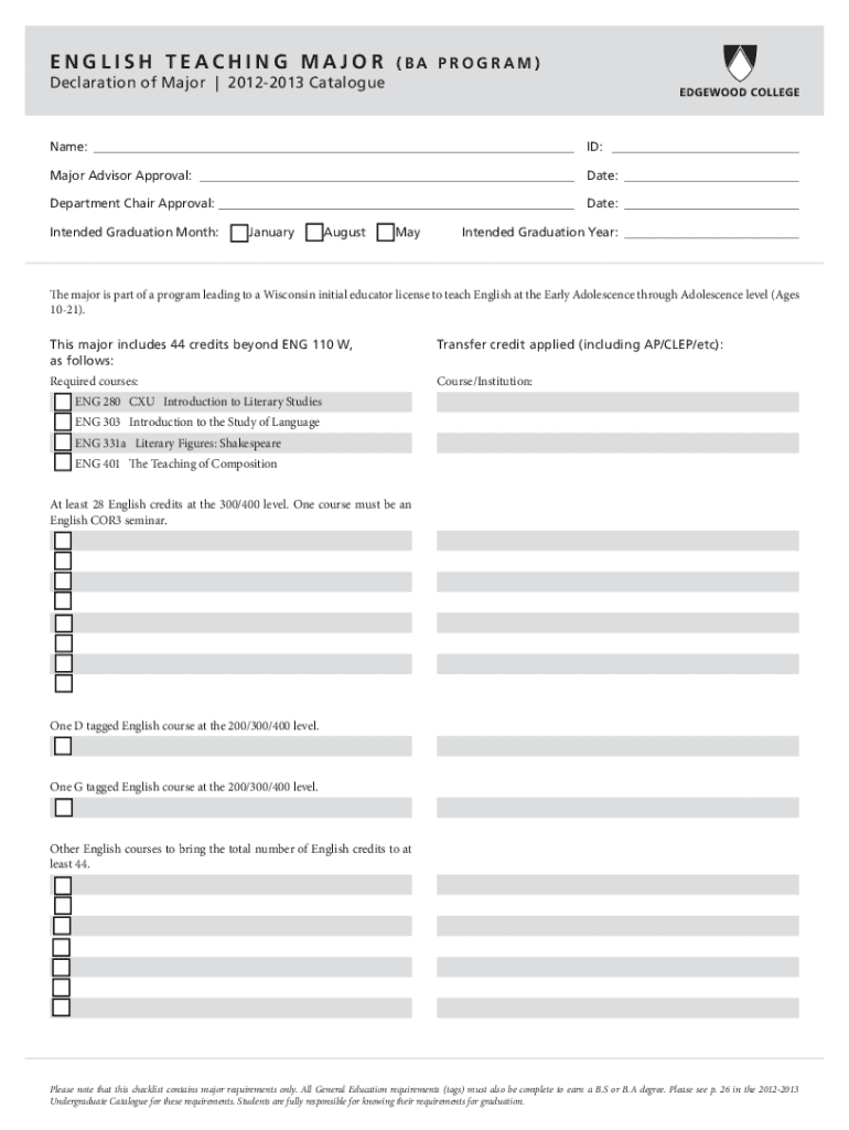 Fillable Online ENGLISH TEACHING MAJOR (BA PROGRAM) Declaration of ...