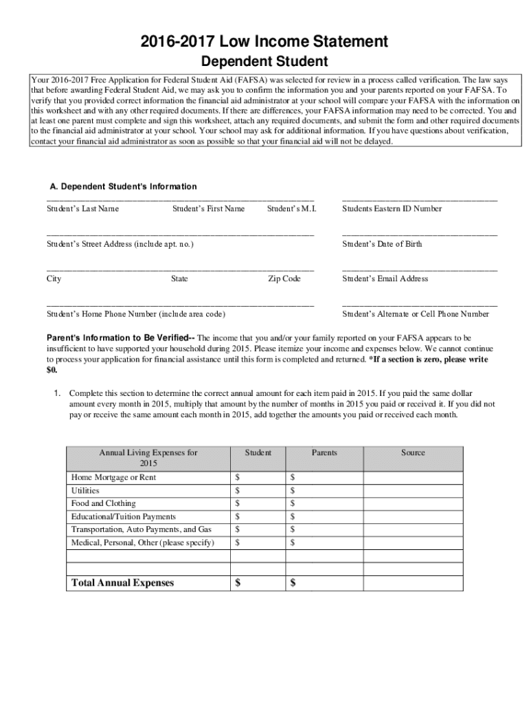 Fillable Online 2016-2017 Low Income Statement Dependent Student A ...