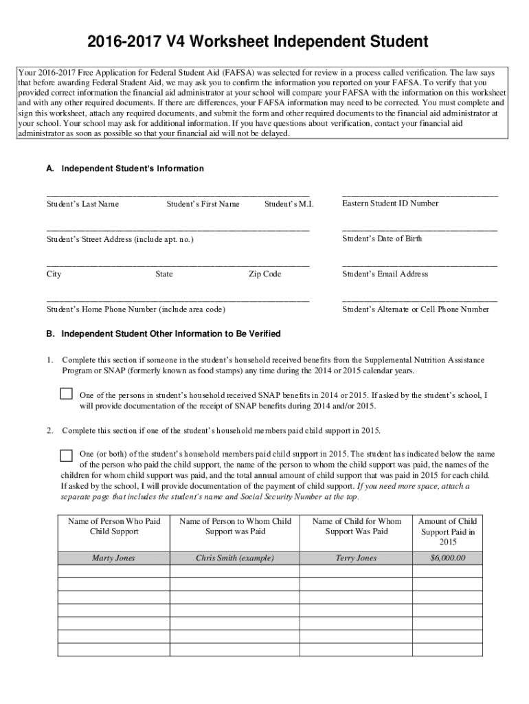 Fillable Online 2016-2017 Verification Worksheet V-4Independent Student Fax Email Print - pdfFiller