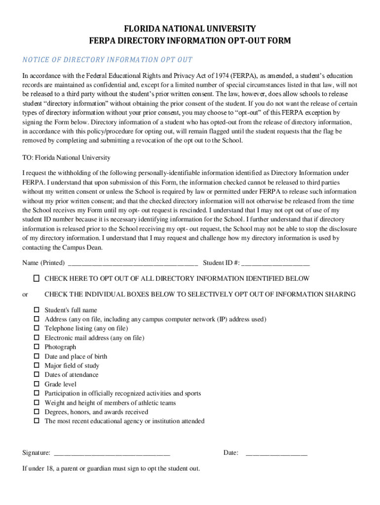 Fillable Online FLORIDA NATIONAL UNIVERSITY FERPA DIRECTORY INFORMATION ... Fax Email Print ...