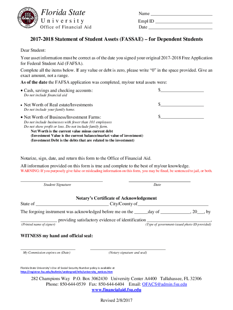 Fillable Online financialaid fsu 2017-2018 Statement of Student Assets ...