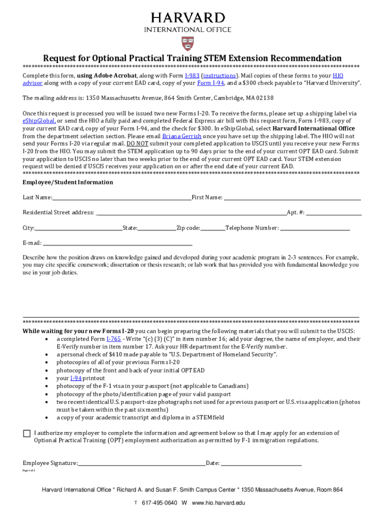 Fillable Online hio harvard Request for Optional Practical Training ...