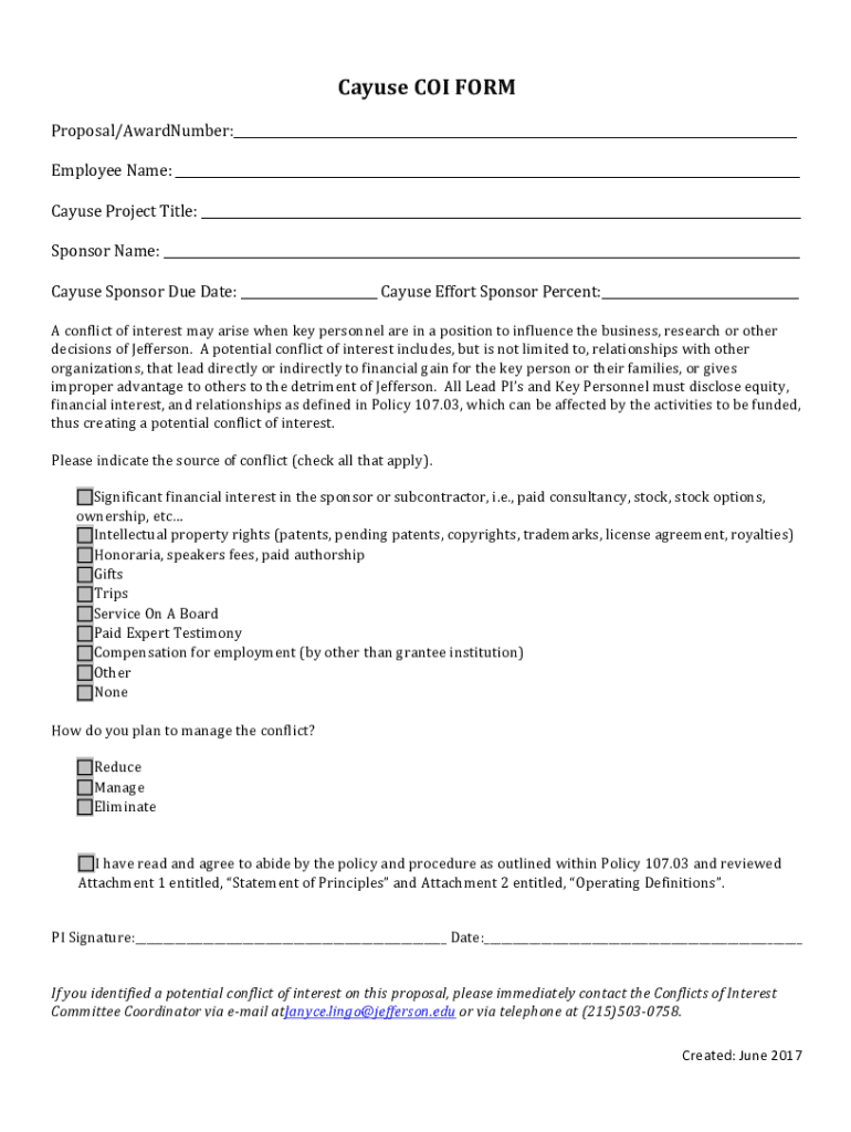 Fillable Online Cayuse COI FORM - Thomas Jefferson University Fax Email ...