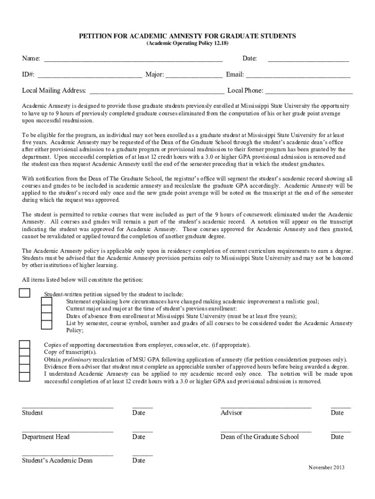 Fillable Online provost msstate PETITION FOR ACADEMIC AMNESTY FOR GRADUATE STUDENTS Fax Email ...